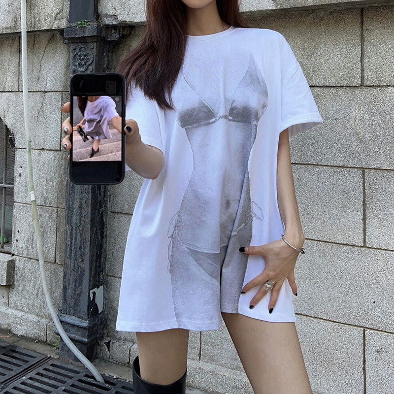 shemoda透视效果T恤 设计感辣妹印花圆领宽松休闲遮臀短袖上衣女