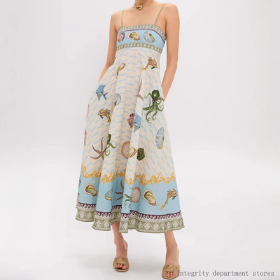Casual V-neck camisole linen long dress2025优雅高腰印花吊带