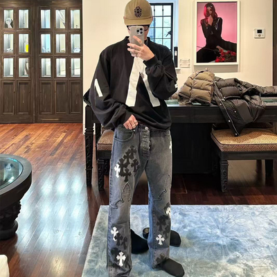 少量现货CH限定黑灰色火焰黑白十字架拼皮vintage做旧洗水牛仔裤