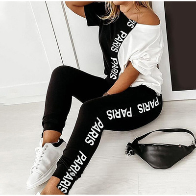 Women's black and white letter short sleeved+long pants set