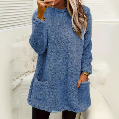 Women's long sleeved round neck loose plush hoodie top