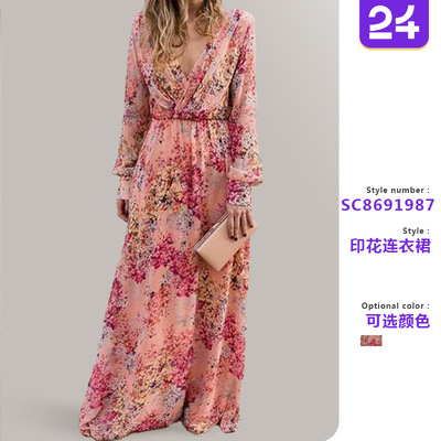 Women sexy waist cinching and swinging dress女性感印花连衣裙