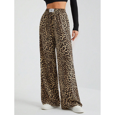 Women's leopard print high waisted loose wide leg pants豹纹