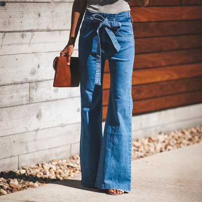 Women high waisted elastic wide leg flared jeans女喇叭牛仔裤