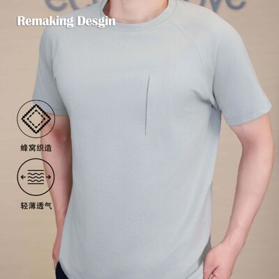 ReMake洞洞压胶短袖超声波无缝T恤纯色网眼透气圆领口袋短袖男