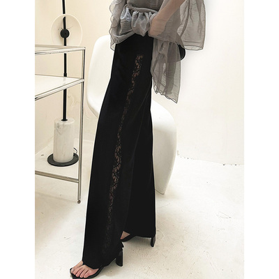 显腿长蕾丝拼接侧镂空黑阔腿裤