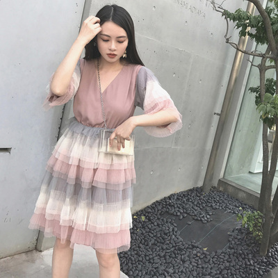 独家浪漫彩色蛋糕层次蓬纱连衣裙