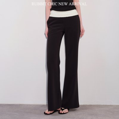 撞色花边高腰醋酸微喇休闲裤