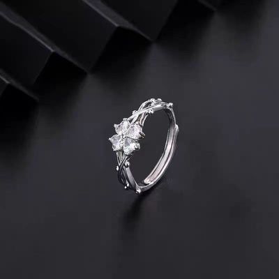 悦己s999纯银荆棘四叶草戒指女时尚个性可调节指环复古食指戒