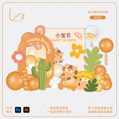 森系卡通老虎橙色背景橙子仙人掌绿草虎宝宝宴生日派对PS设计素材