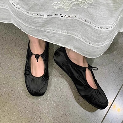法式复古缎面松紧带玛丽珍鞋女