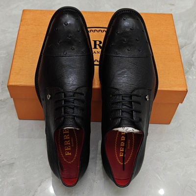 费雷 丹奴鸵鸟皮正装男鞋轻底休闲皮鞋夏季新款德比宴会男士皮鞋