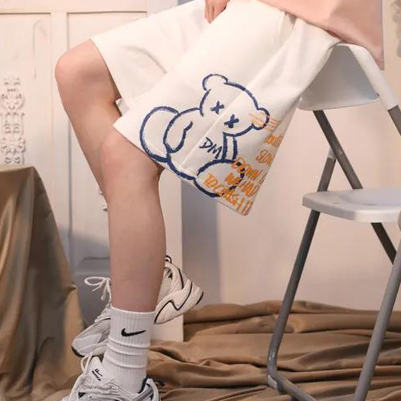 闺蜜装跑步小熊阔腿短裤女夏宽松直筒工装五分裤情侣休闲运动裤潮