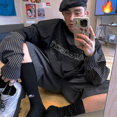 Aurocean 假两件黑色长袖T恤 320克重纯棉涂鸦印花衬衫袖大版t