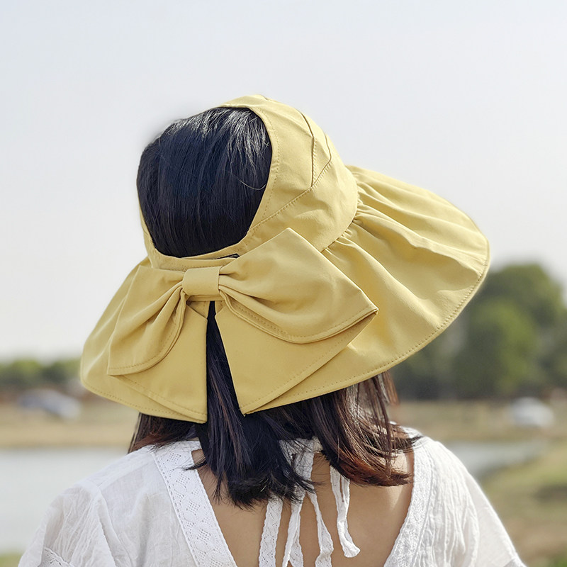 韩系甜美蝴蝶结防晒女夏防紫外线黑胶遮阳大帽檐遮脸太阳帽空顶帽