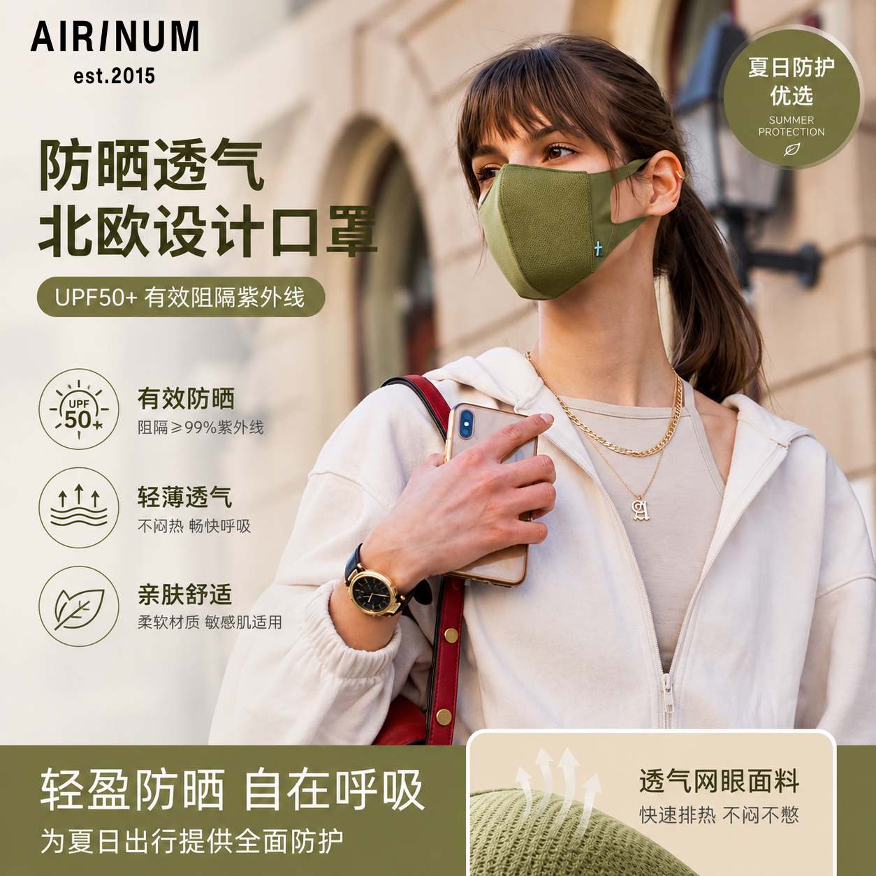 AIRINUM睿铂 舒适透气防晒口罩LFM抗菌立体可水洗不勒耳骑行面罩