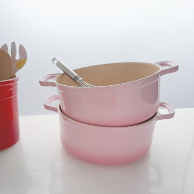 出口法国chasseur渐变珐琅彩陶瓷渐变粉双耳大烤盘收纳桶碗餐具