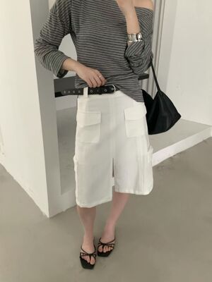 THEM.S3973韩系穿搭复古高腰开叉小众大口袋设计款工装休闲半身裙