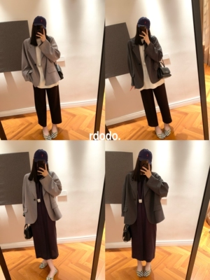 Rdodo自线 Lady老钱松弛落肩重磅铜氨羊毛静奢休闲灰色西装外套