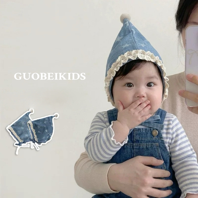 韩国婴儿帽子秋冬新款ins复古牛仔婴幼儿尖尖帽毛球宝宝精灵帽