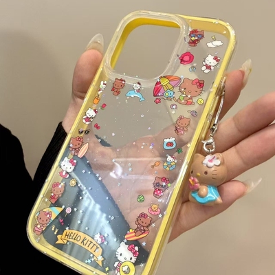 卡通围边透底黑皮冲浪可爱猫咪挂件iphone16proma苹果15p手机壳14