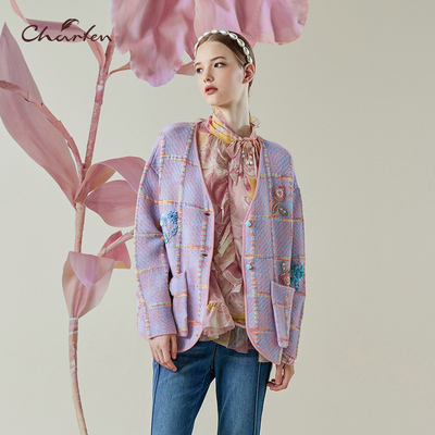 CHARFEN复古拼接格子针织开衫