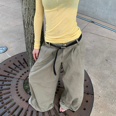 E7Q8 美式宽松阔腿褶皱休闲直筒长裤女水洗做旧阔腿休闲拖地裤子