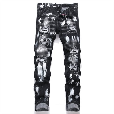 朋克男小直脚牛仔裤破洞贴布油漆