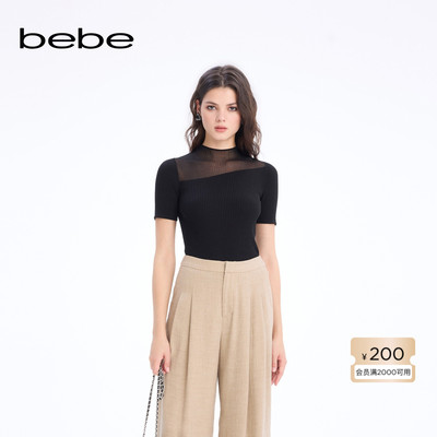 bebe2026春季新款女士时尚气质百搭中袖立领针织小衫130402