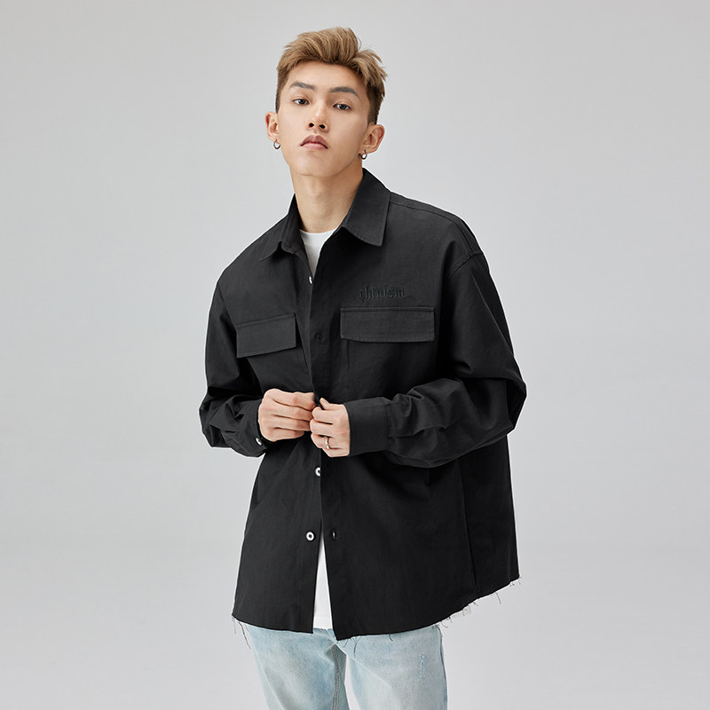 CHINISM CH黑色衬衫男宽松潮牌高街美式休闲秋季长袖衬衣男生外套_虎窝淘
