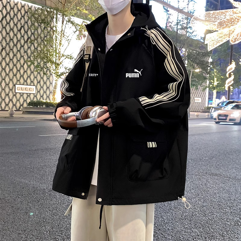 奥莱专柜连帽夹克男士加绒加厚潮流宽松防风保暖休闲大码条纹外套