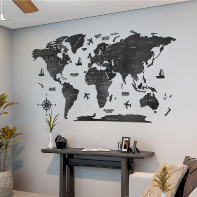 黑色木质3层立体装饰地图旅行创意客厅沙发背景墙贴文化墙面装饰