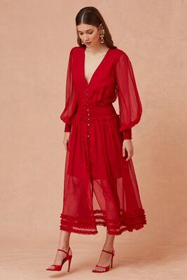 国现-澳洲keepsake 新款度假风深V收腰灯笼袖半透中长款连衣裙女