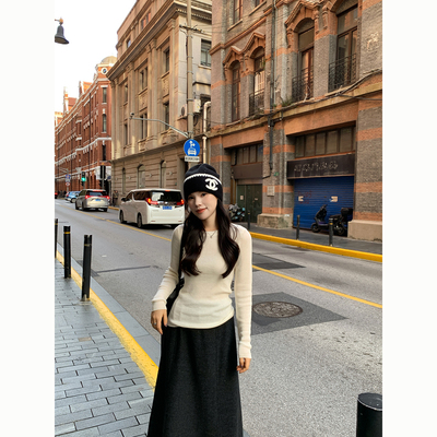 Peanut 花生糖 绵羊毛修身针织衫秋冬新款内搭薄款长袖上衣女