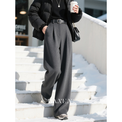 深灰色绵羊毛阔腿裤女直筒长裤子