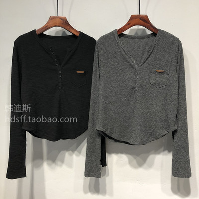 春秋装韩国ulzzang新款字母皮标小口袋小个子短款长袖T恤上衣女