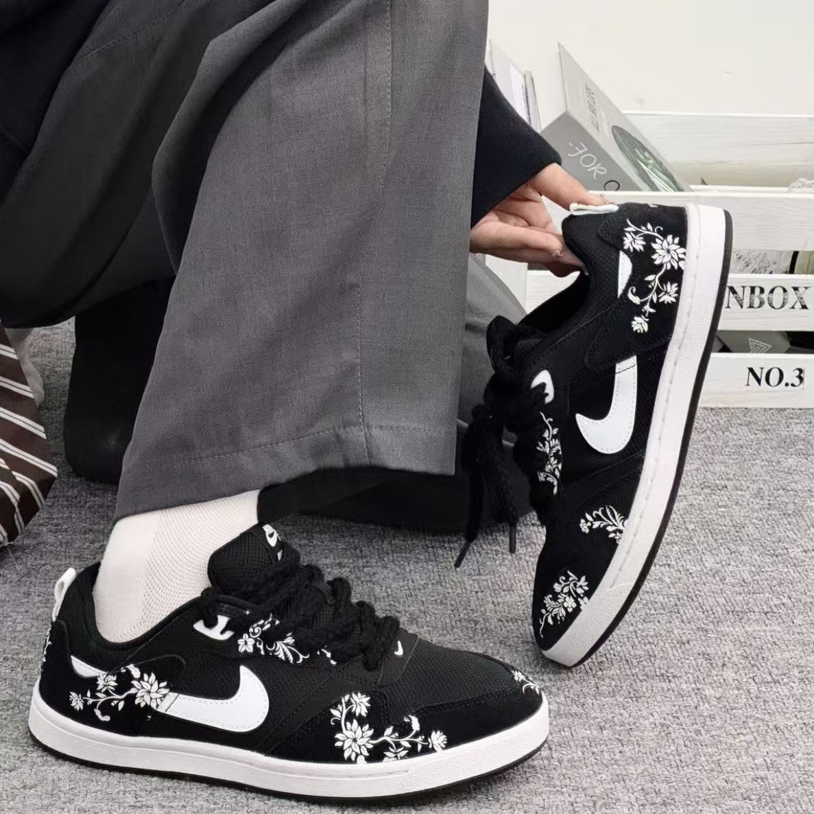 【定制球鞋】耐克NikeSB系列 花卉 不对称艺术嘻哈男子低帮滑板鞋