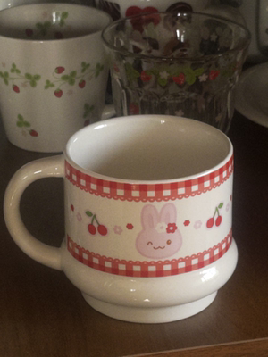 复古格纹樱桃子陶瓷马克杯可爱少女心水杯家用咖啡牛奶杯子