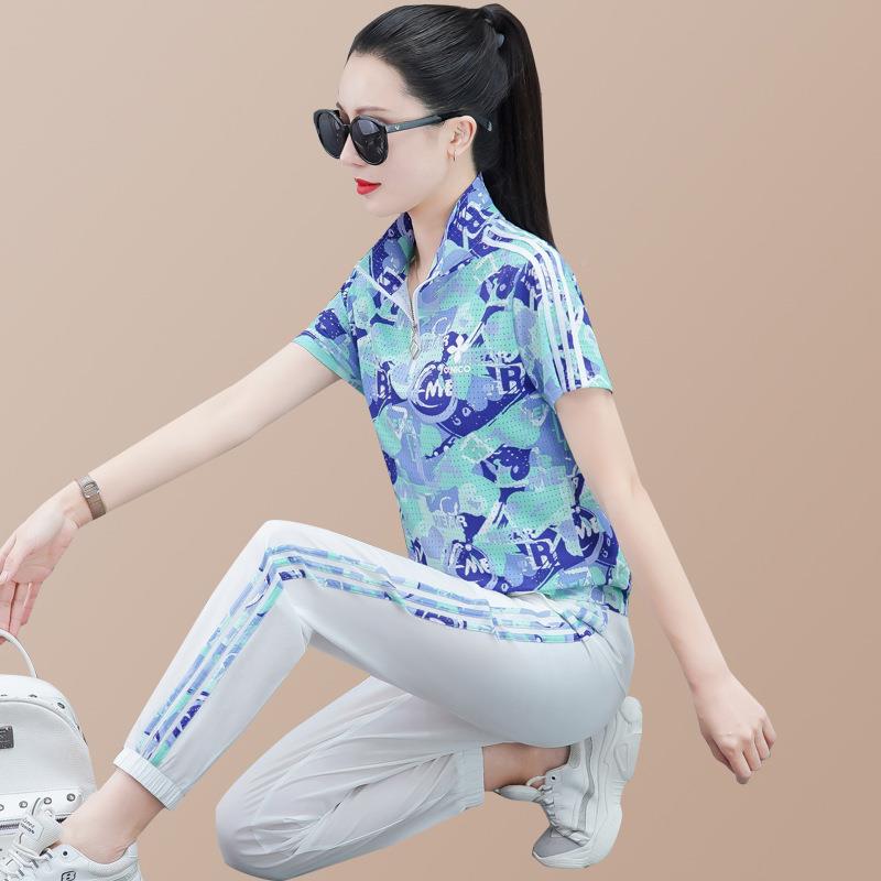 运动洋色套装女夏年新款气显瘦花里领短袖长裤休跑步71000291两件