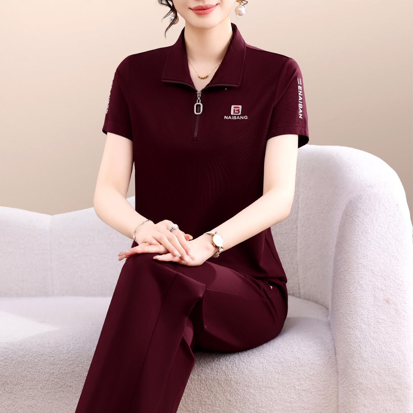 休运套装女闲夏季袖新款洋动气妈妈装冰丝短立领跑步服11-665两件