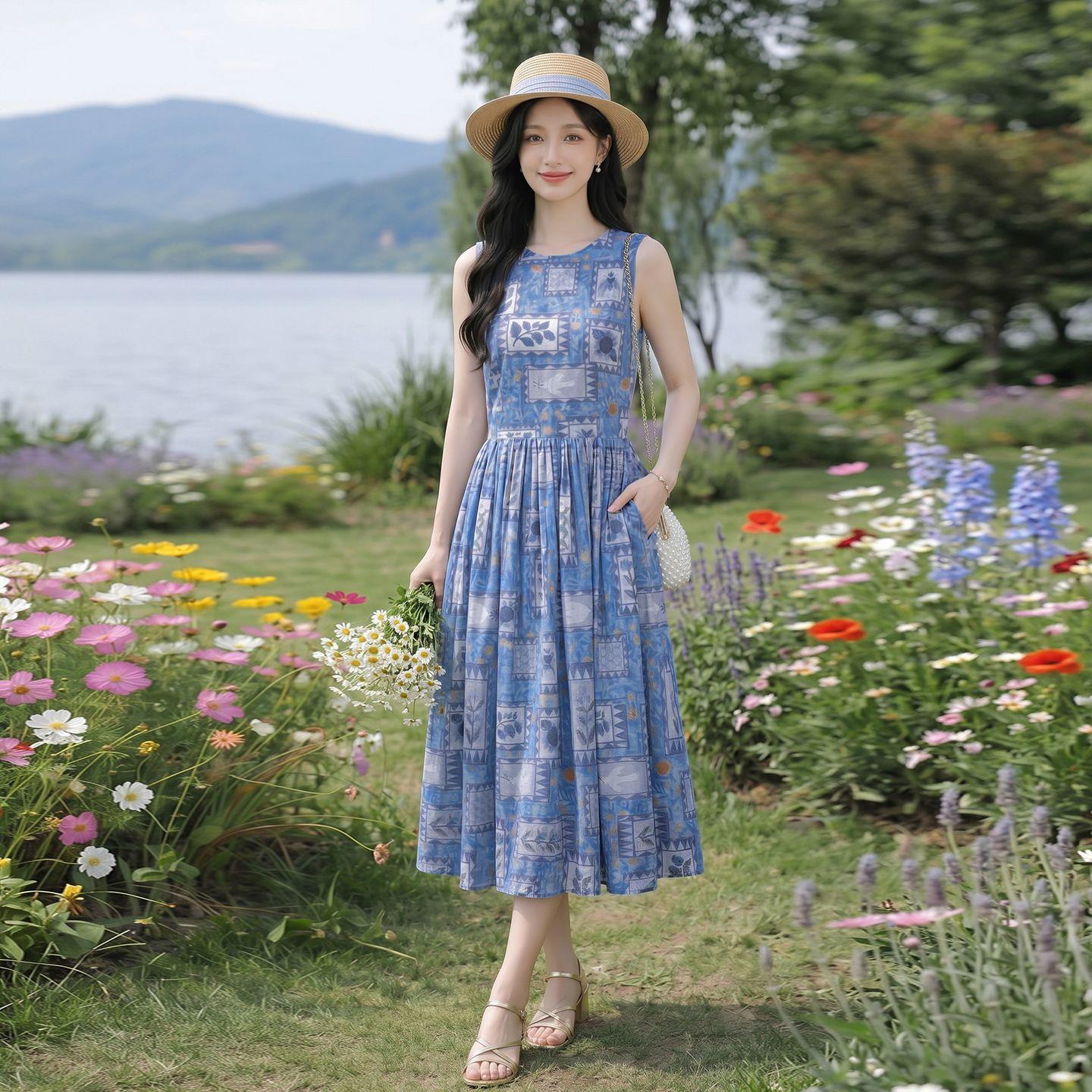 夏中季SY2926-0新女装碎花滩度假风裙子无款袖圆沙领长款连衣裙