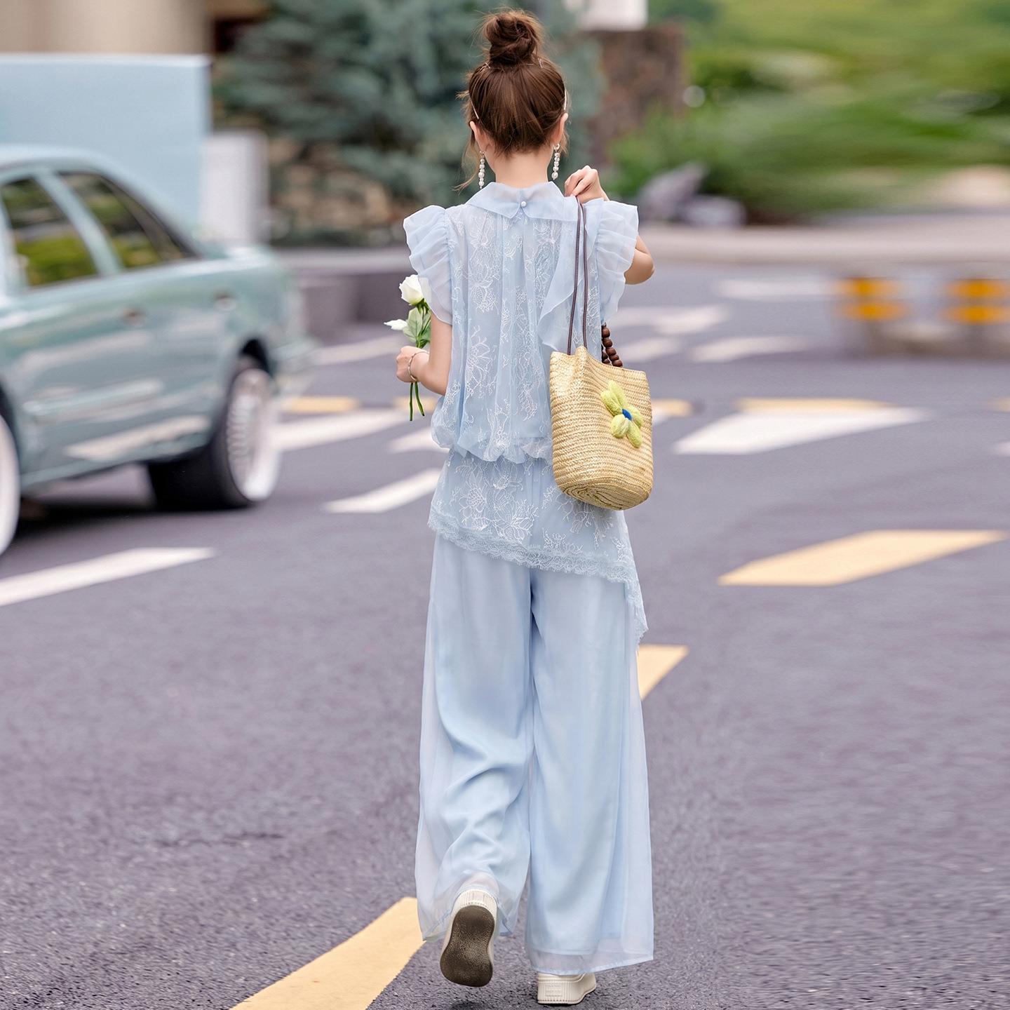 设计感时AH8675-0尚套装女夏新款质裤衬衫时尚显气阔腿两瘦件套