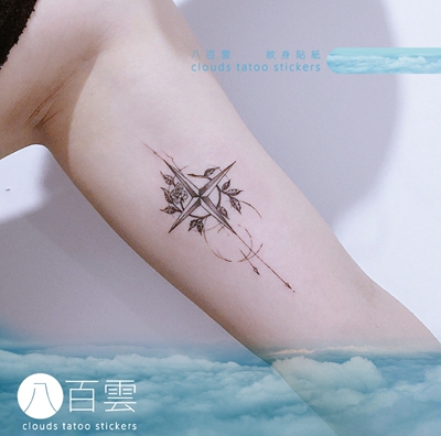简约线条植物几何指南针纹身贴