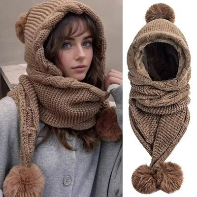 Winter Warm Knitted Hat with Scarf 2-in-1 Women Balaclava Ca