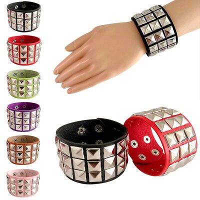 New Unique 3 Row Cuspidal Spikes Rivet Stud Wide Cuff Leathe