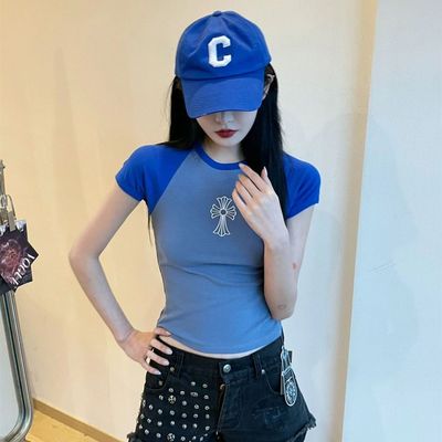 CH克罗十字架印花短款T恤克莱因蓝新款辣妹风短袖心百搭修身上衣