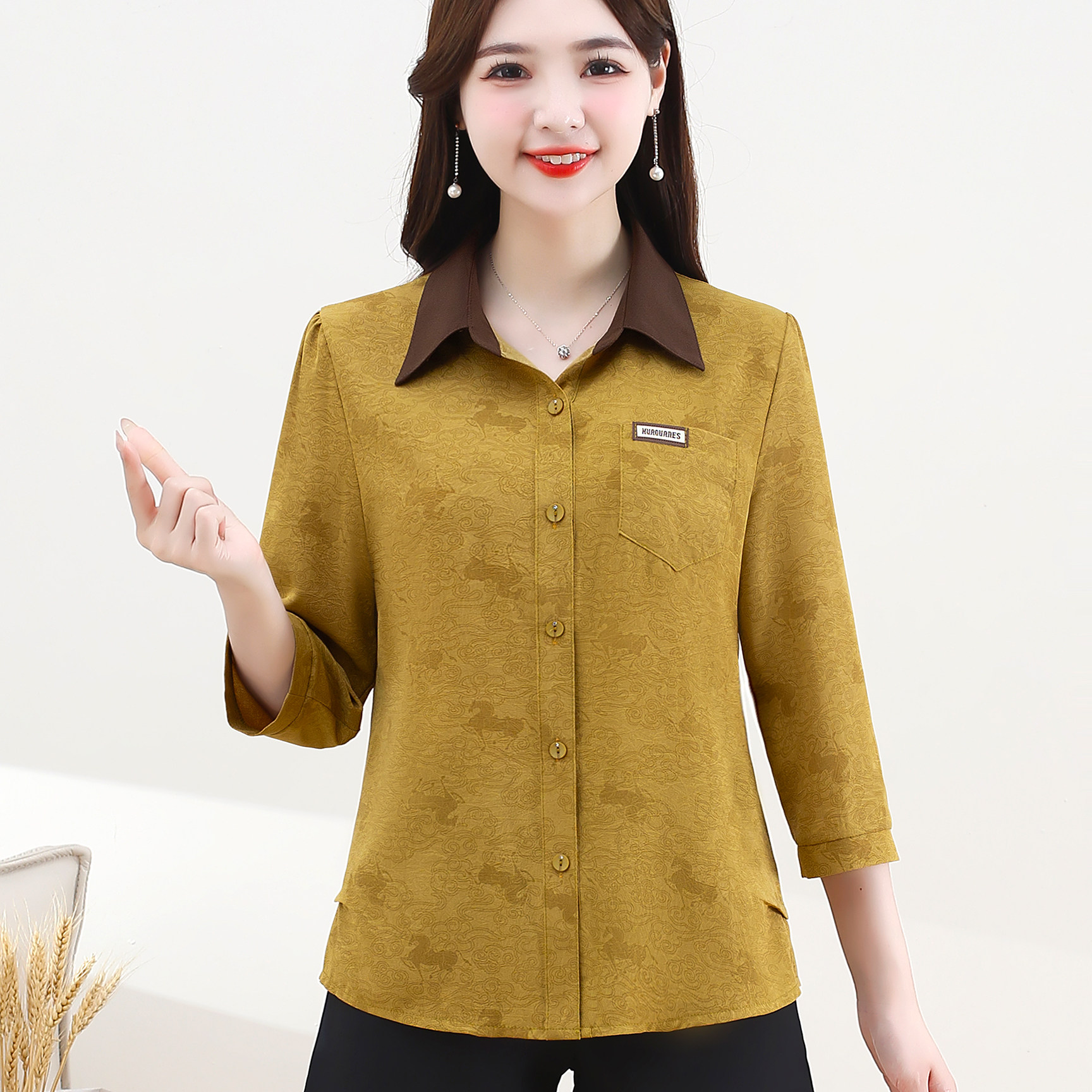 2026中老年时尚女装夏季新款洋气翻领提花衬衫女气质装七分袖上衣