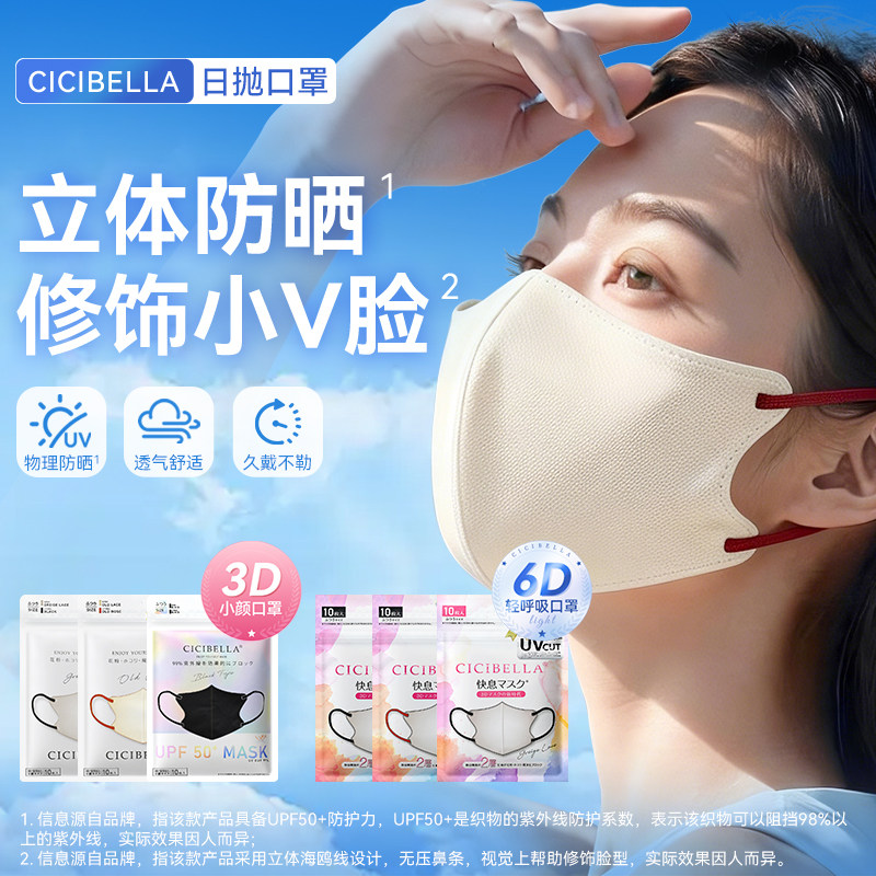 【3件装】CICIBELLA日本进口3D立体防晒口罩高颜值轻薄透气