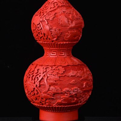 中国红扬州漆器厂剔红雕漆小葫芦花瓶摆件家居装饰品现代中式包邮