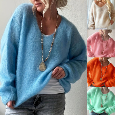 V-neck long sleeved sweater, women's autumn winter pullover